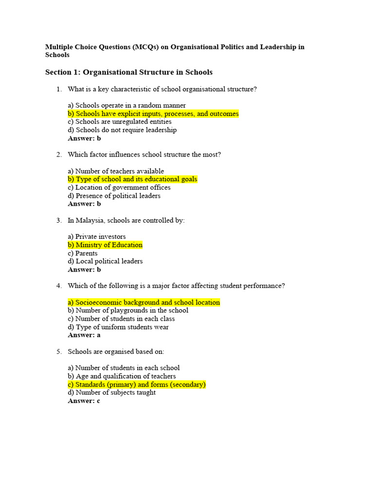 Sample Questions For Topic 7 | PDF | Teachers | Leadership