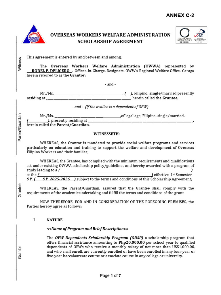 C.2 ScholarshipAgreement ODSP | PDF