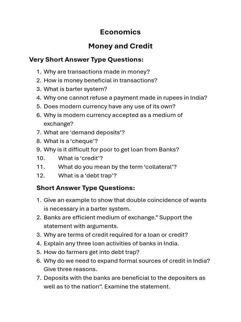 Ch-3 Money & Credit. (Questions) | PDF