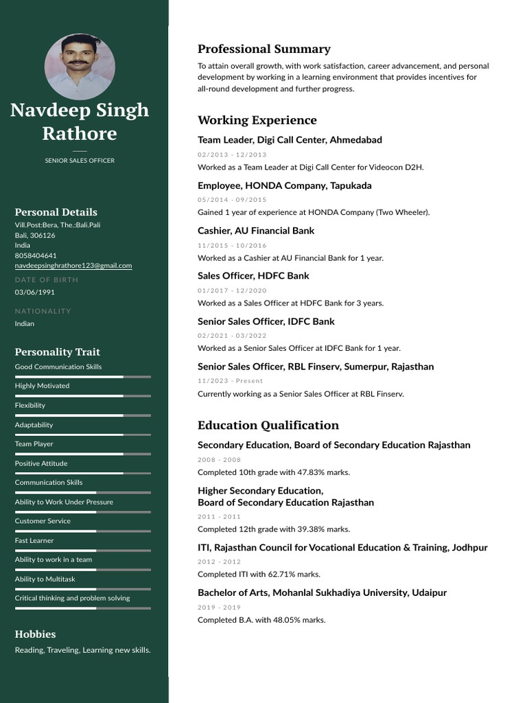 Navdeep Singh Rathore: Sales Officer Profile | PDF | Intelligence ...