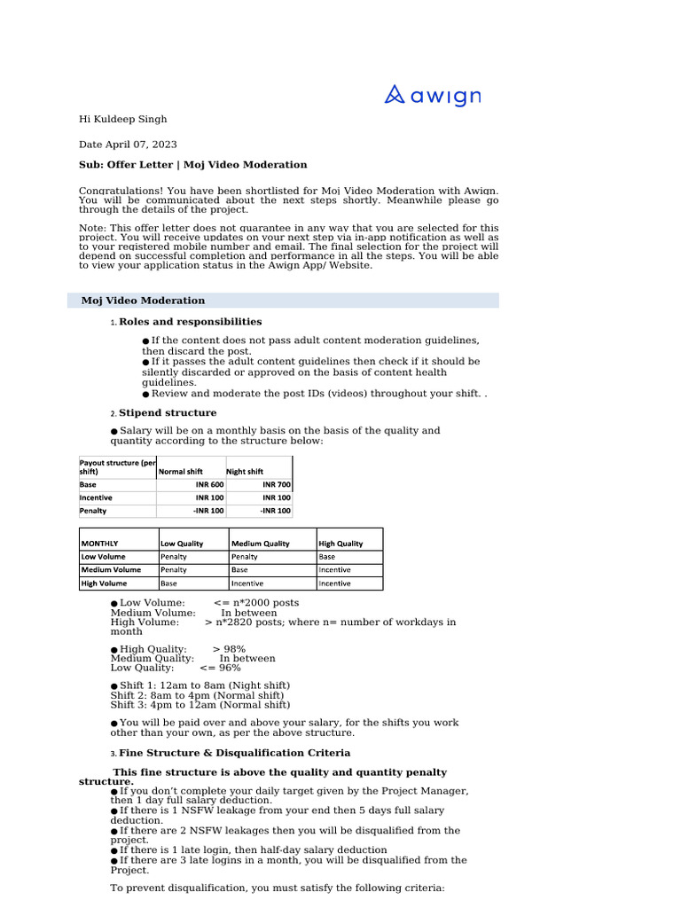 Moj Video Moderation Offer Letter | PDF | Mobile Software | Operating ...