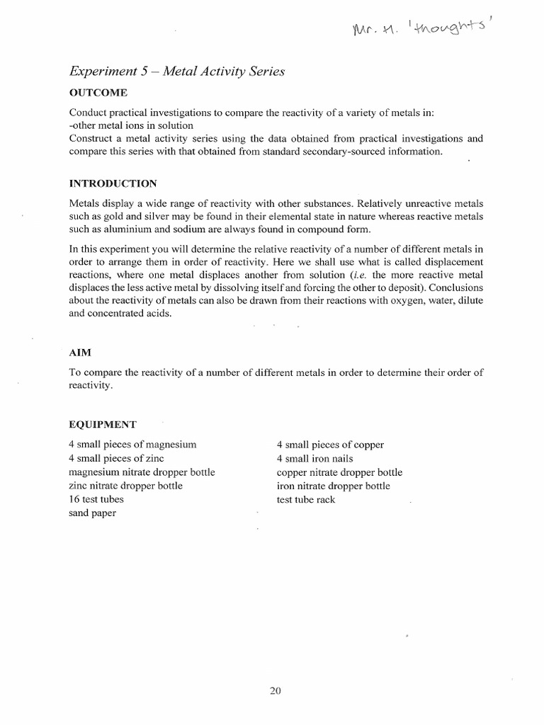 Metal Reactivity and Activity Series Experiment | PDF | Metals ...