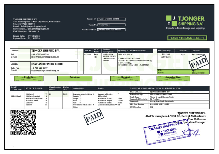 Tank Storage Receipt for Diesel Fuel | PDF | Fuel Oil | Energy Industry