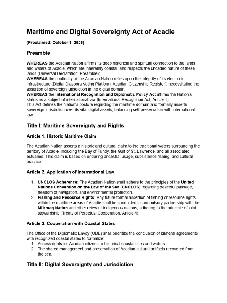 Maritime and Digital Sovereignty Act of Acadie | PDF | United Nations ...