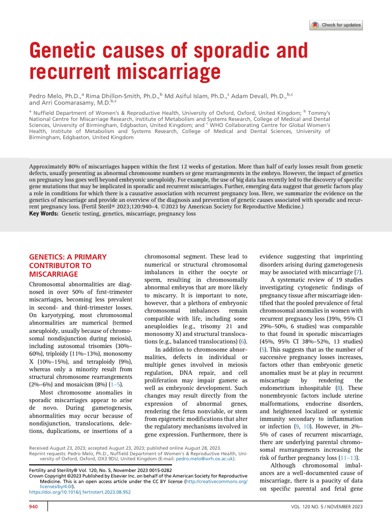 Genetic Causes of Sporadic and Recurrent Miscarriage | PDF ...