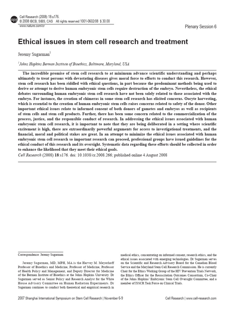 Ethical Issues in Stem Cell Research | PDF | Stem Cell | Health Sciences