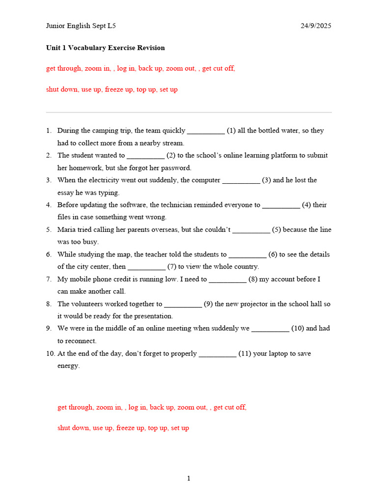 Junior English Vocabulary and Exercises | PDF
