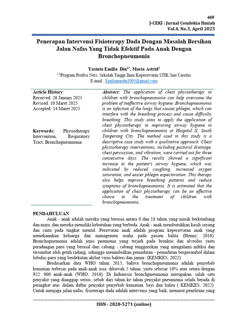 Penerapan Intervensi Fisioterapy Dada Dengan Masalah Bersihan Jalan ...