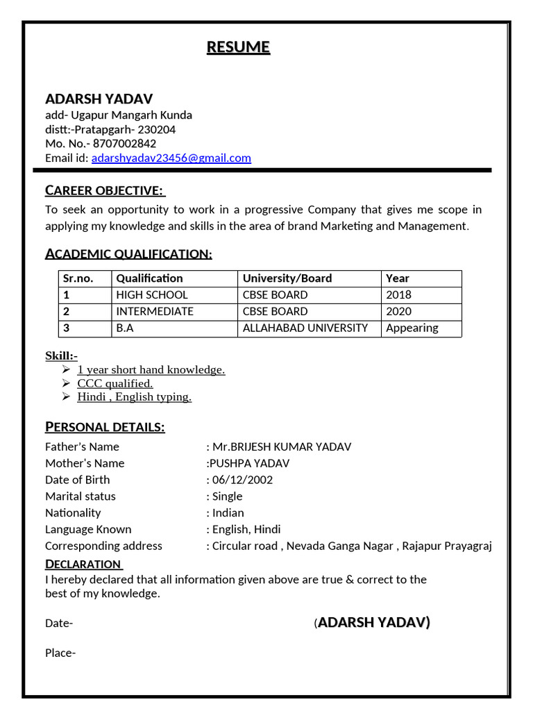 Adarsh Yadav Resume for Marketing Role | PDF