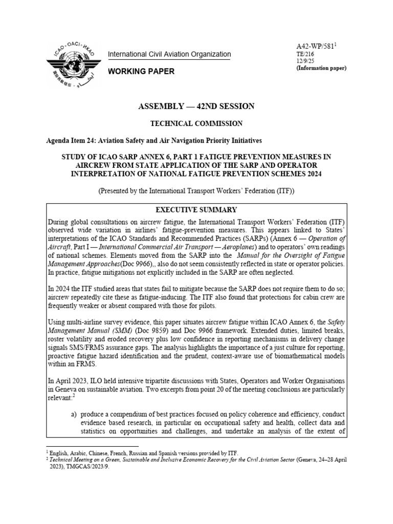 ICAO Working Paper 42 Assembly Fatigue ITF | PDF | Flight Attendant ...