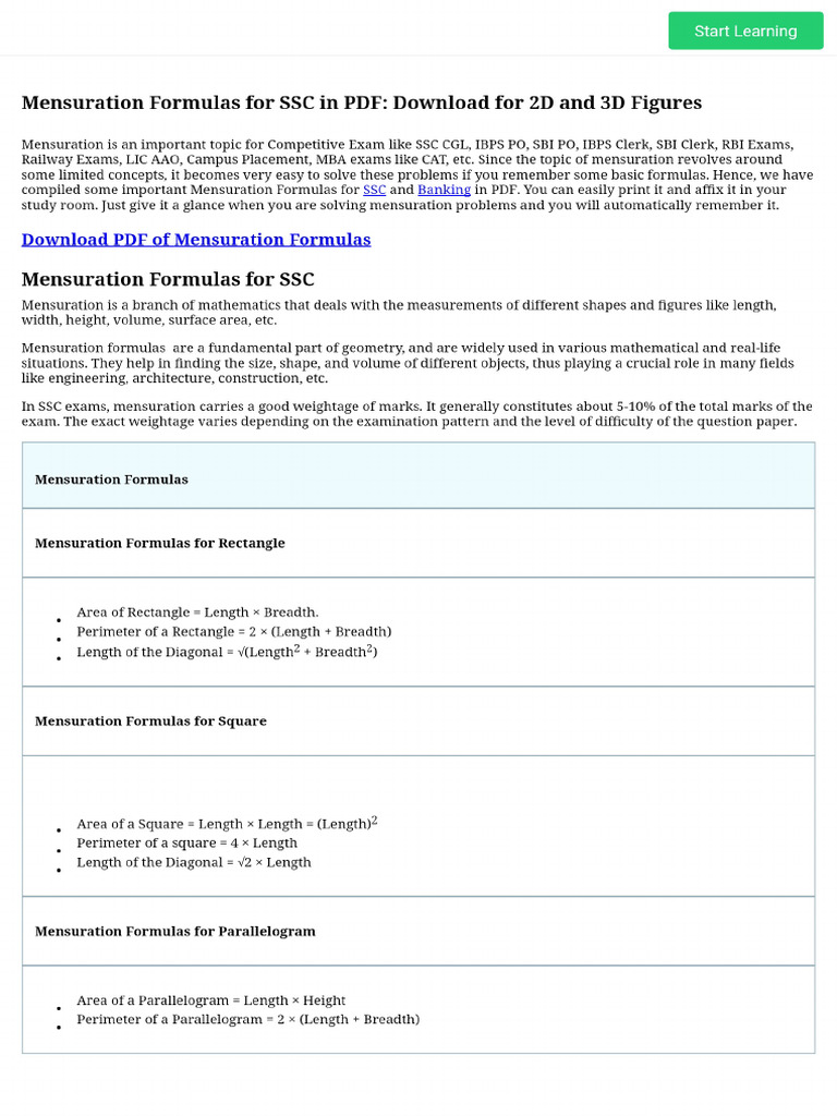 Important Mensuration Formulas For SSC Examinations in PDF ! | PDF