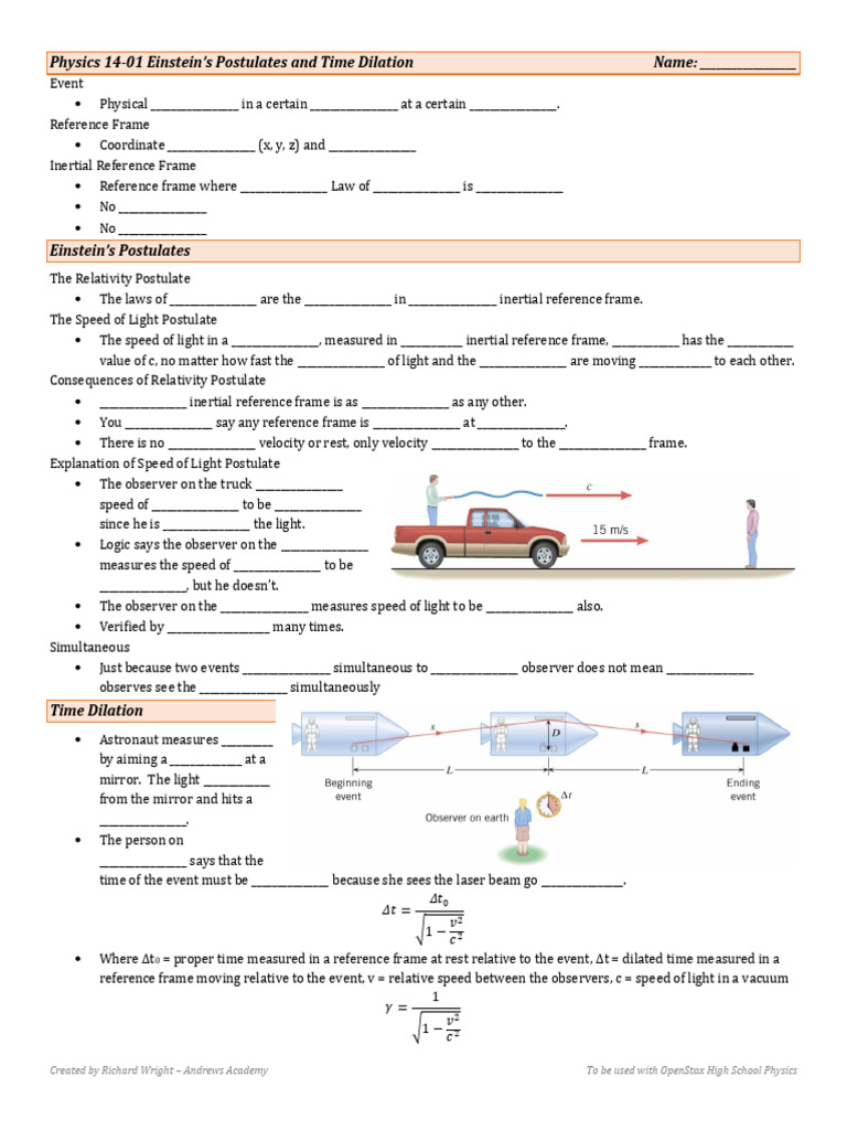 HSPhysics 14-01 Einsteins Postulates and Time Dilation | PDF | Special ...