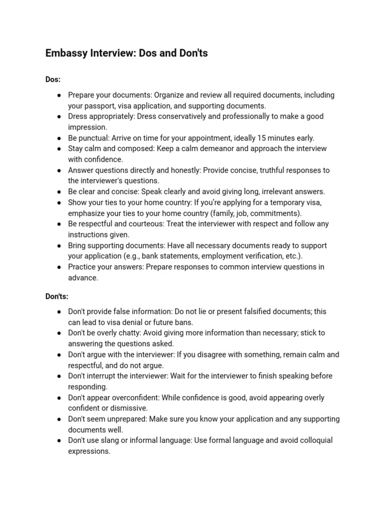 Embassy Interview Tips: Dos and Don'ts | PDF | Travel Visa | Diplomatic ...