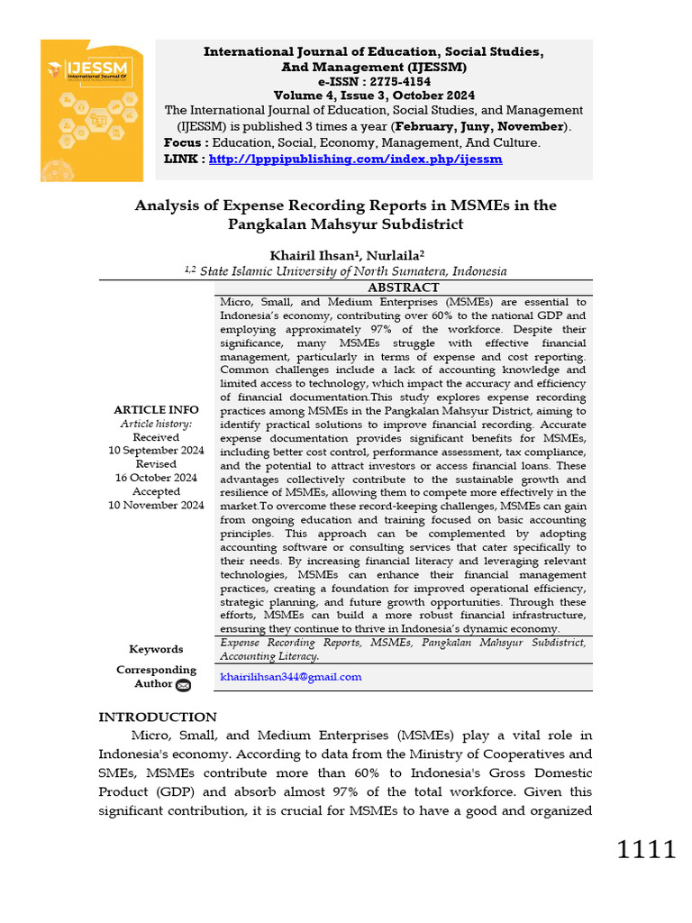 Analysis of Expense Recording Reports in Msmes in The 1r3kdut8hxrq ...