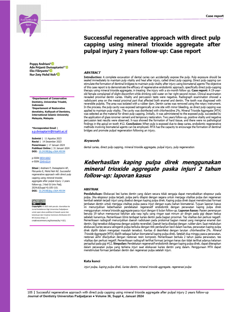 Direct Pulp Capping with MTA Success | PDF | Mouth | Dental Anatomy