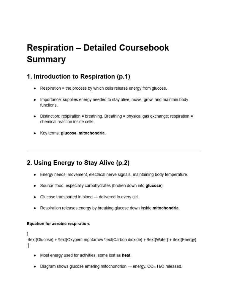Respiration - Detailed Coursebook Summary | PDF | Cellular Respiration ...