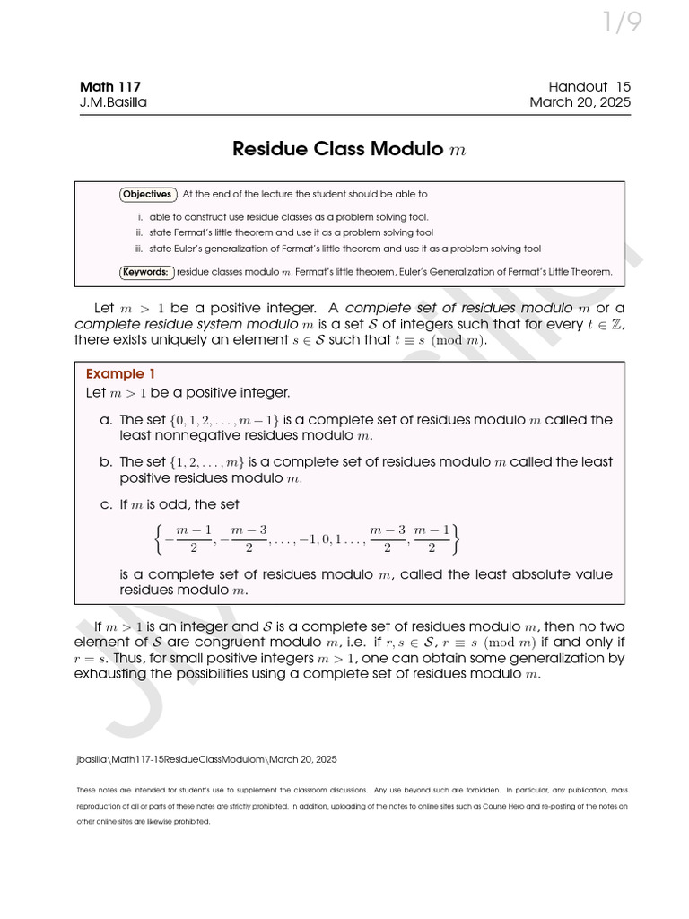 Residue Classes and Theorems in Math 117 | PDF | Prime Number | Algebra
