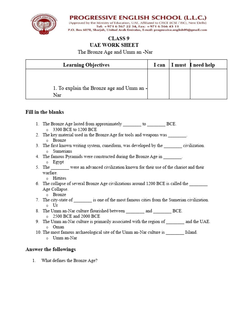 Grade 9 The Bronze Age and Umm An - Nar | PDF | Bronze Age | Bronze