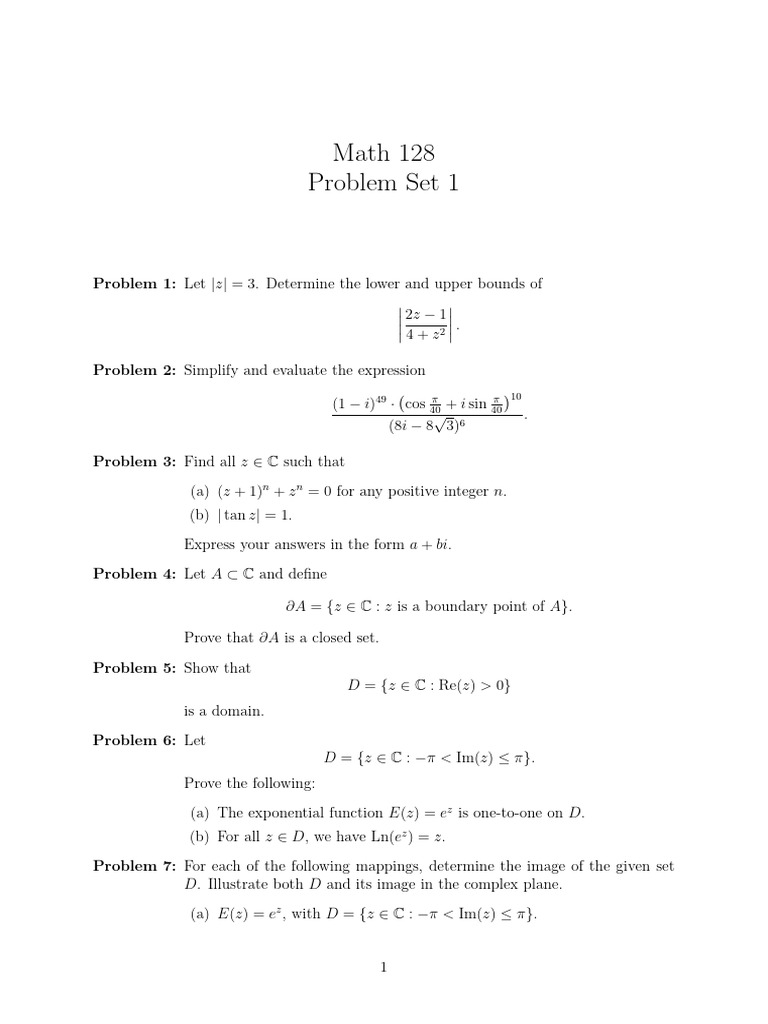 Math 128 Problem Set on Complex Analysis | PDF