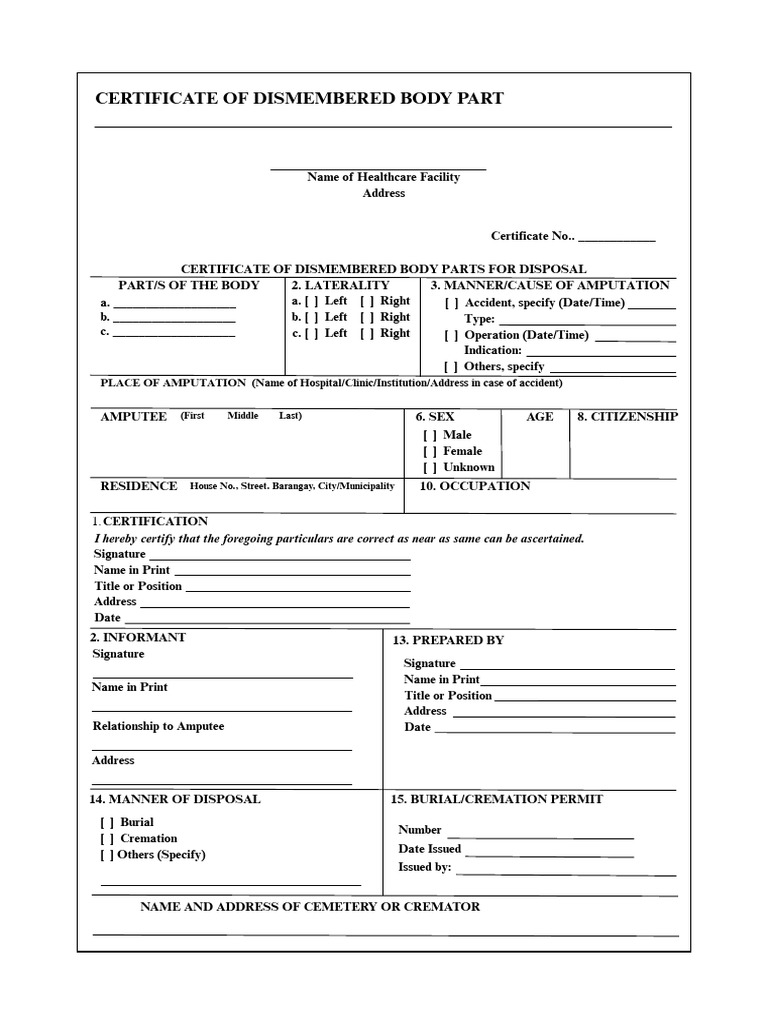 Certificate for Dismembered Body Parts | PDF