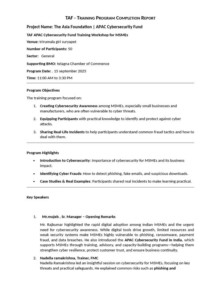 Training Program Completion Report 16sep 2025 Hyderabad | PDF | Malware | Security