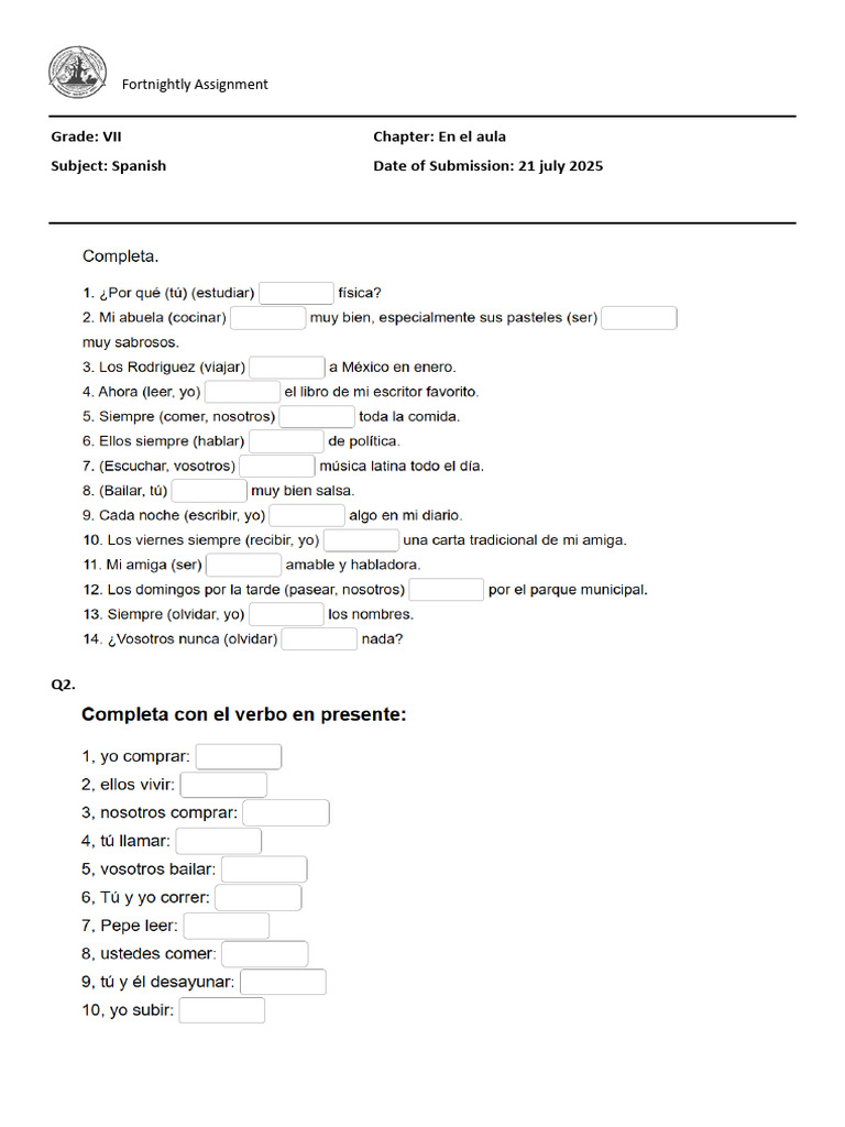 137202582512255spanish Assignment For Grade VII-1 | PDF