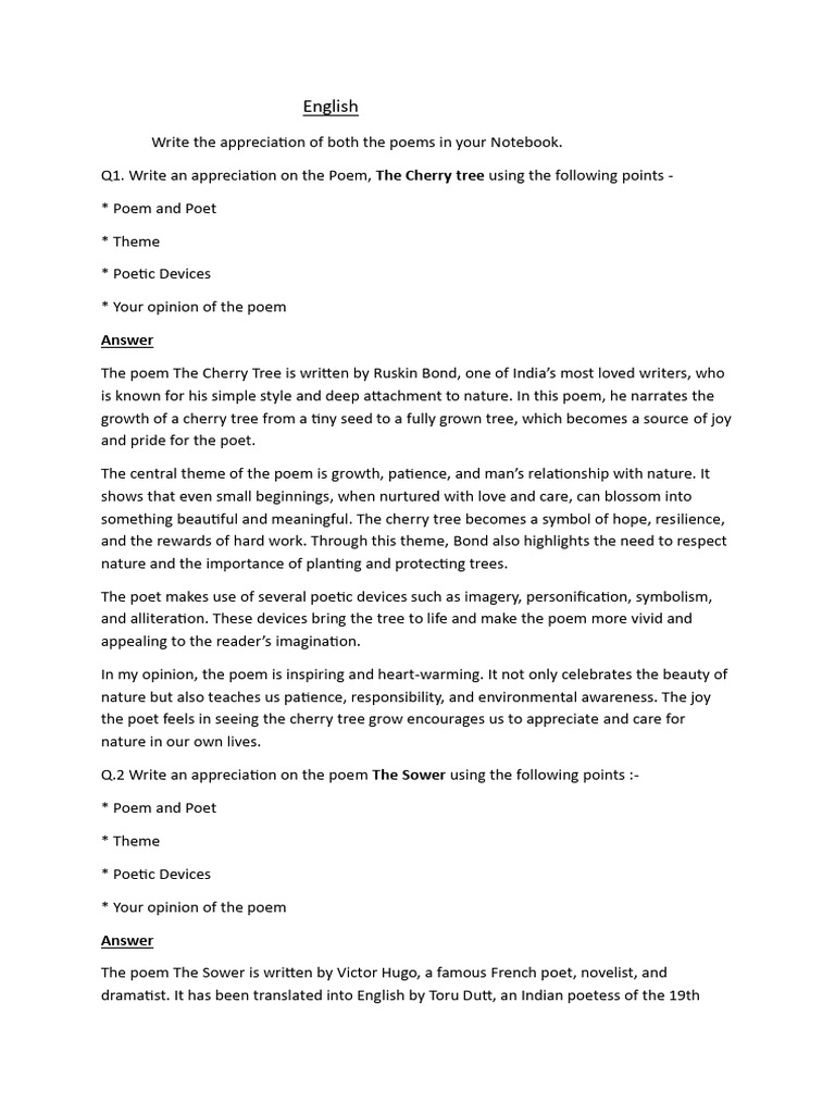 Cherry Tree Poem Appreciation Guide | PDF | Poetry | Sowing