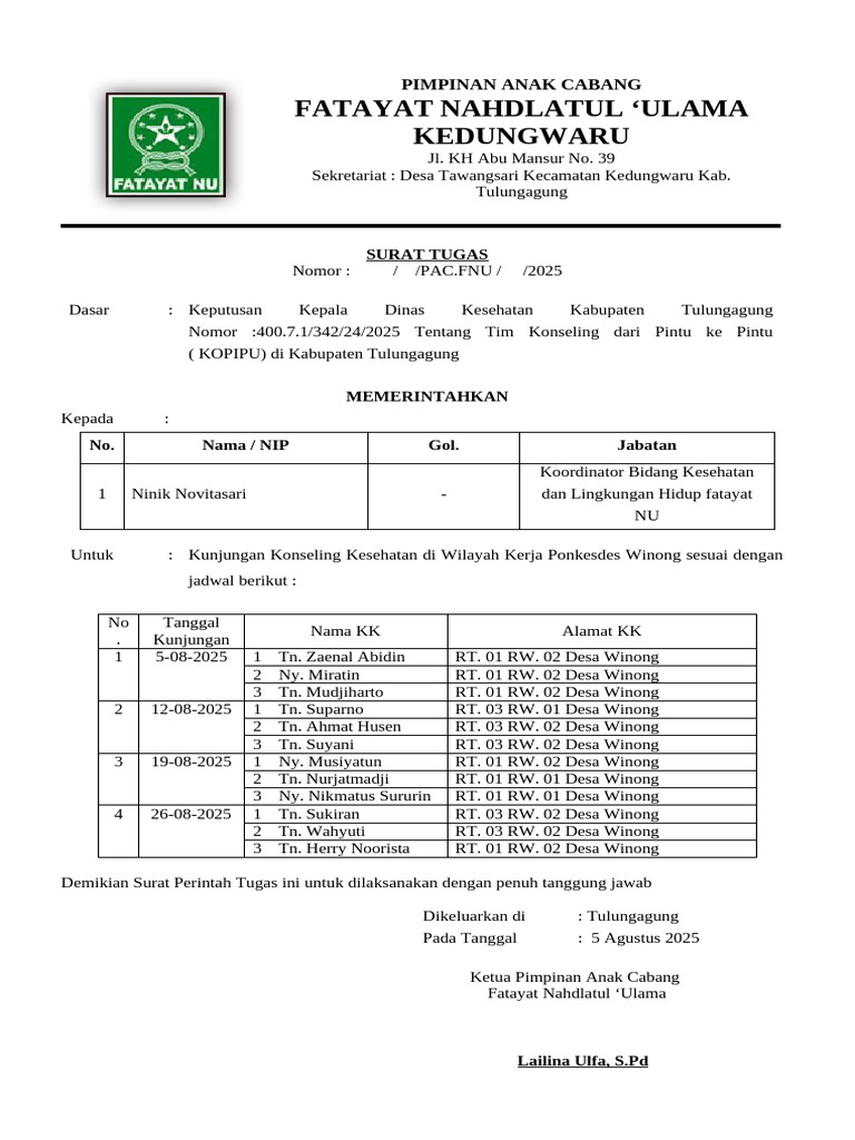 Surat Tugas Kopipu Agustus 2025 (Kader Fatayat) | PDF