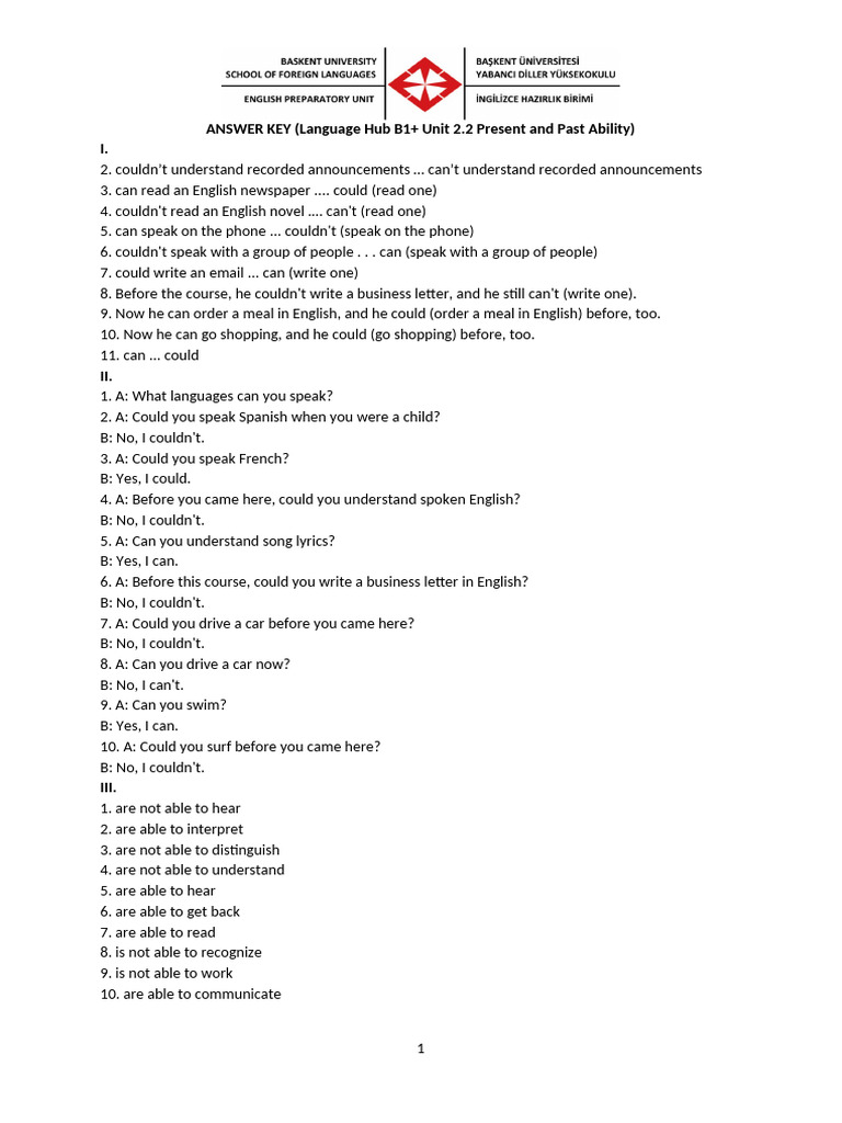 Language Hub Unit 2.2 Present and Past Ability - ANSWER KEY | PDF