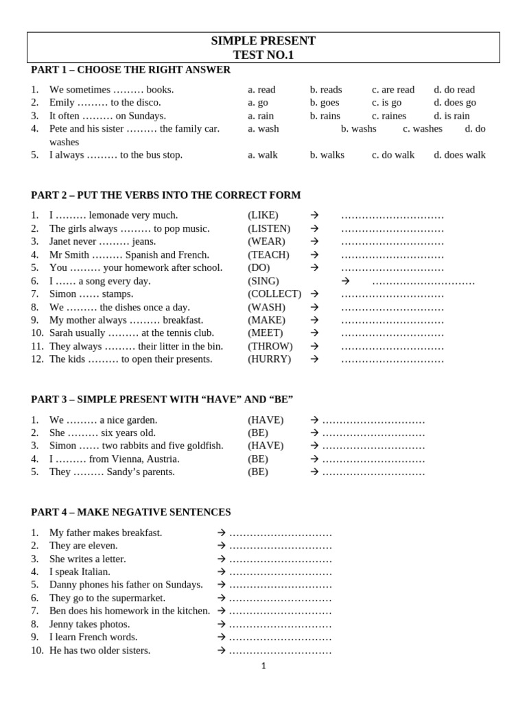 Simple Present Tense Test Worksheet | PDF