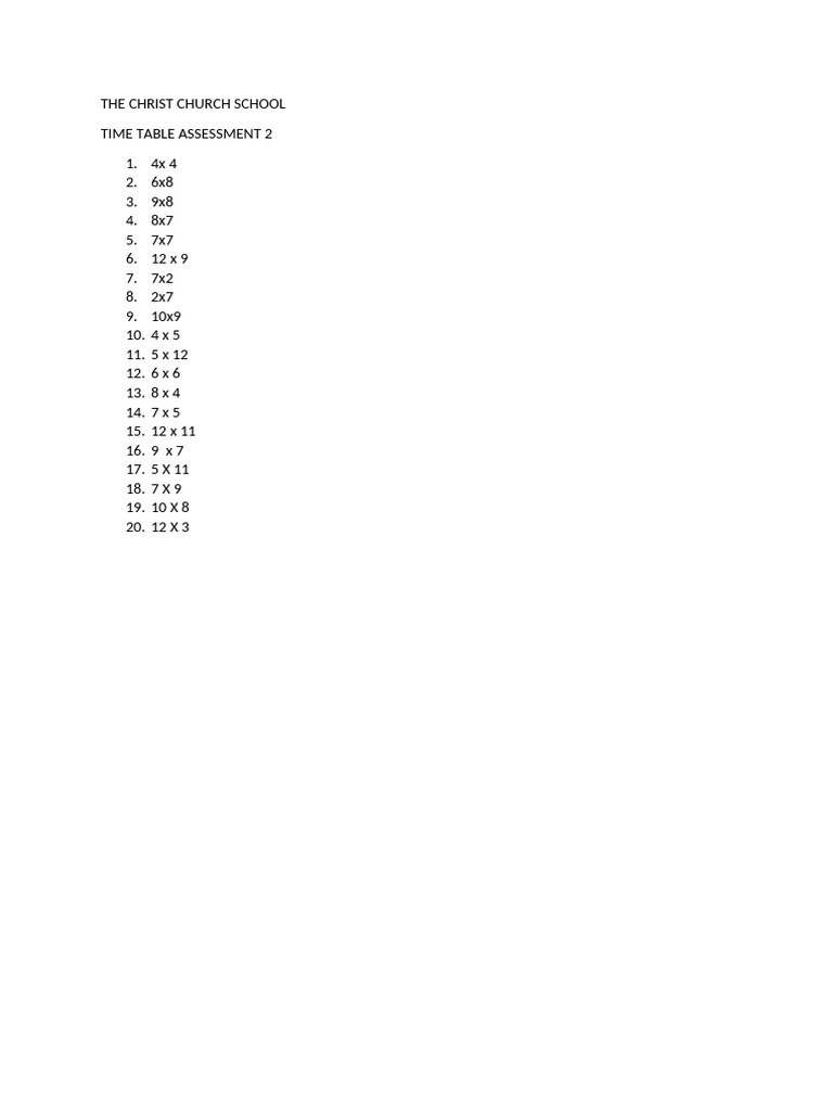 Times Table Assessment 2 | PDF