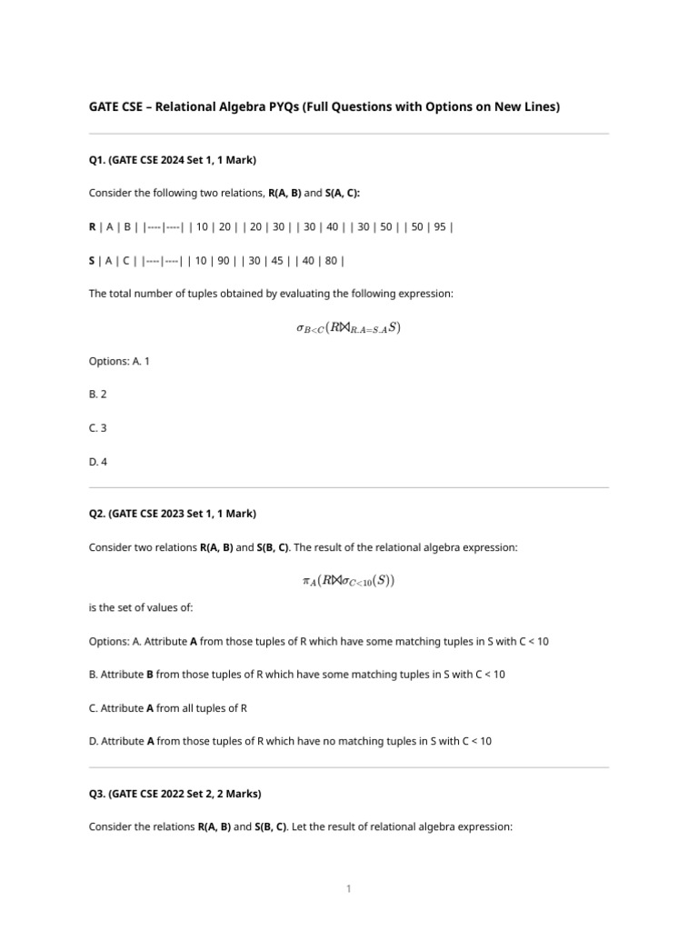 Gate Cse Relational Algebra Pyqs-4 | PDF | Analysis | Abstract Algebra