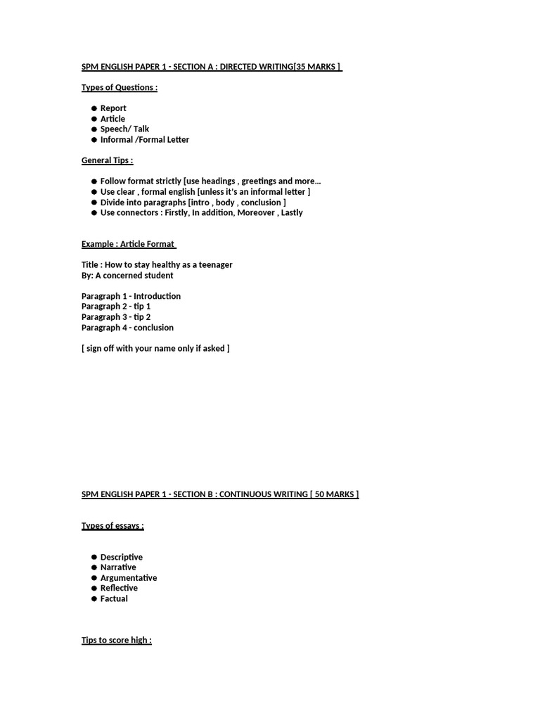 SPM English Paper 1 Guidelines | PDF