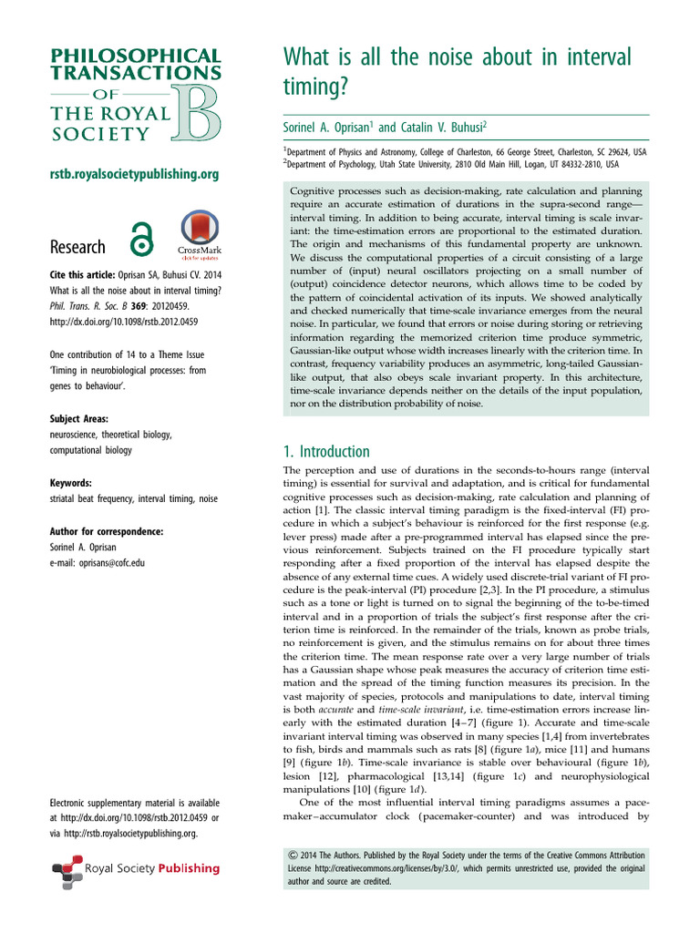 Oprisan Buhusi 2014 What Is All The Noise About in Interval Timing ...