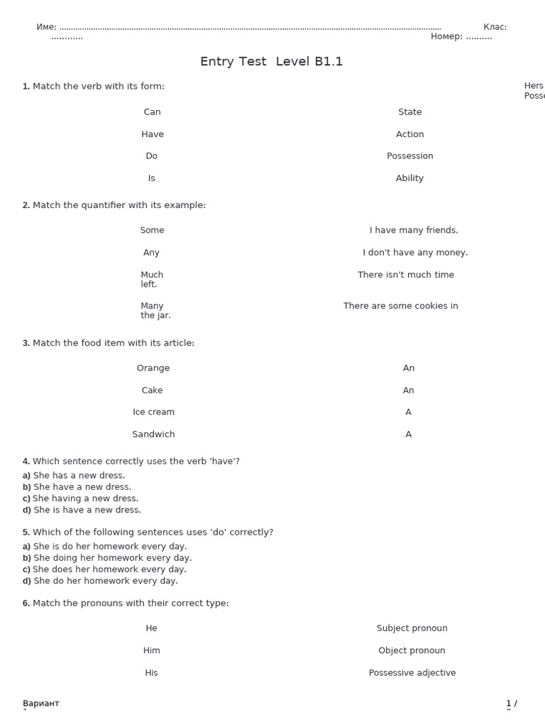 Entry Test 9-Th Grade Level B | PDF | Noun | Pronoun