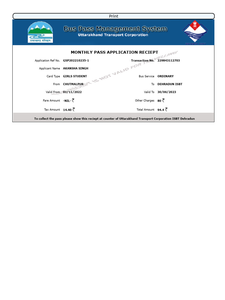 Monthly Bus Pass Receipt | PDF