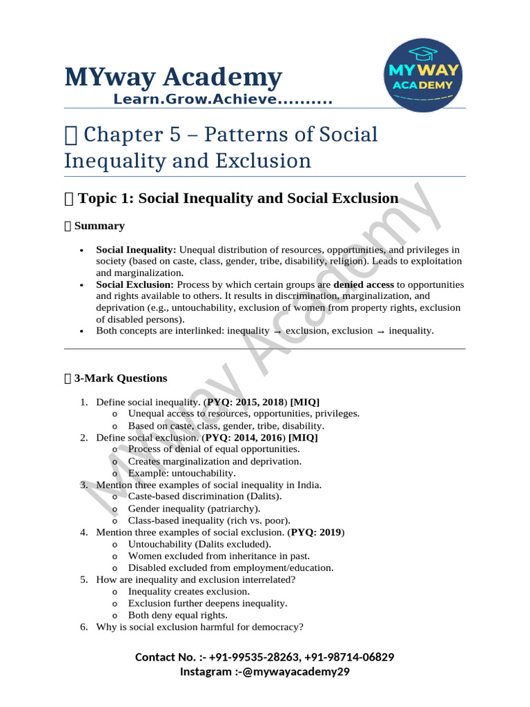 Patterns of Social Inequality and Exclusion (Que) | PDF | Social ...
