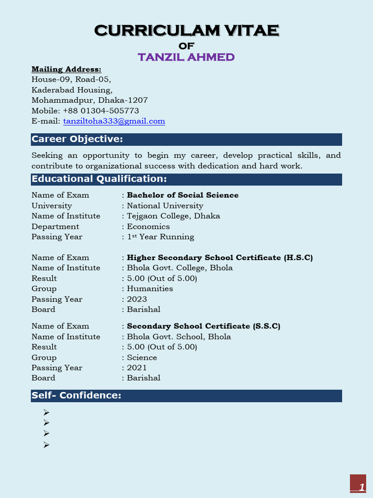 Tanzil Ahmed's CV and Qualifications | PDF