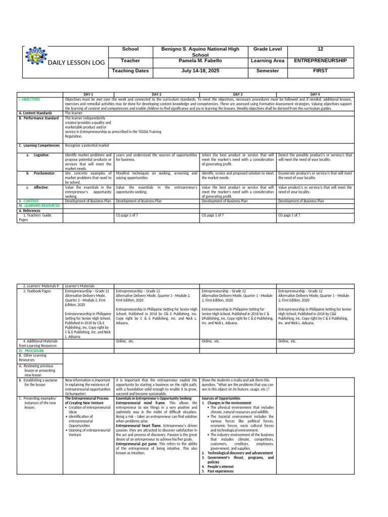 DLL Entrep Week 2 Recognized A Potential Market | PDF | Entrepreneurship | Learning