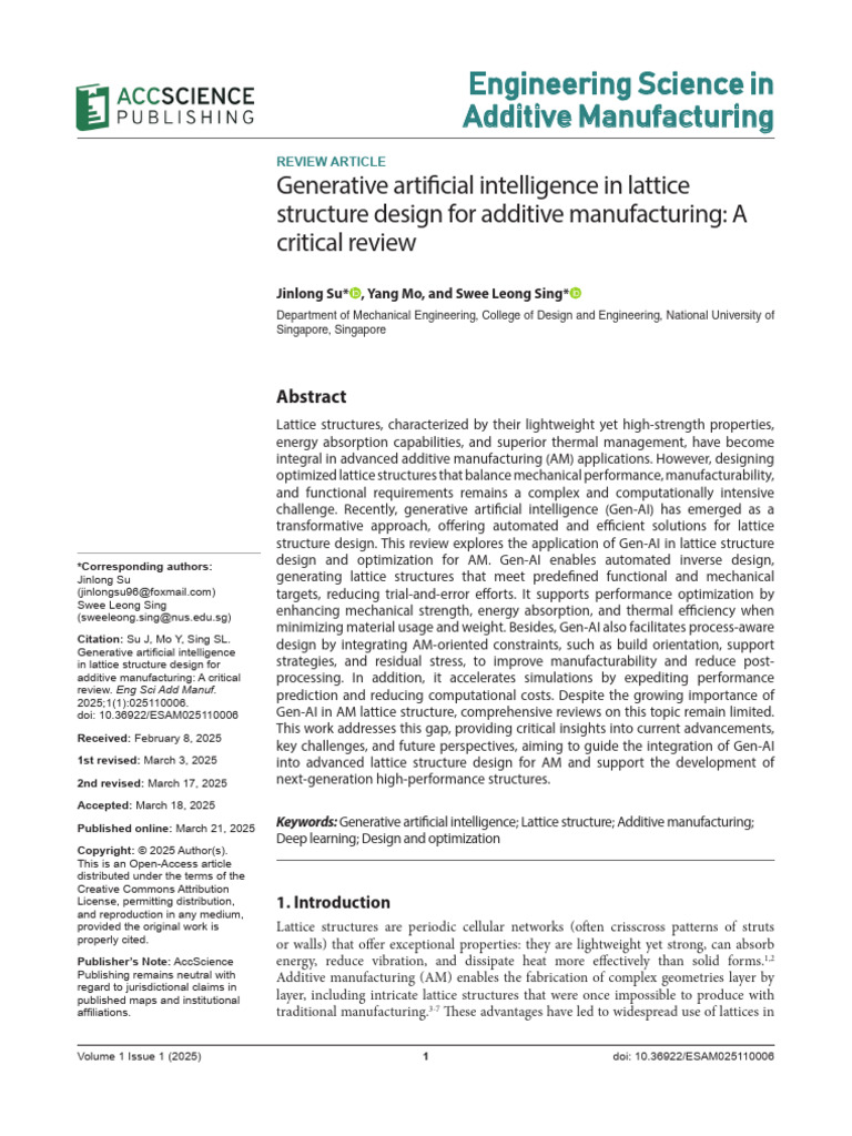 Generative Artificial Intelligence in Lattice Structure Design For Additive Manufacturing: A ...