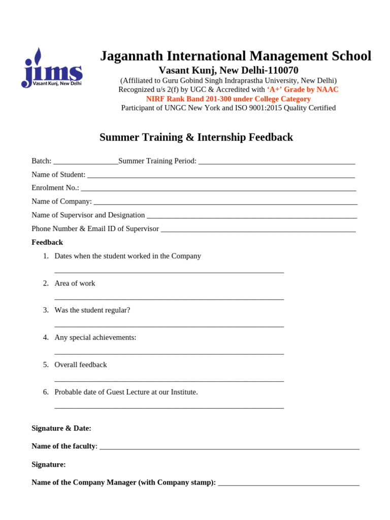 STR BBA315 Internship Feedback Form | PDF
