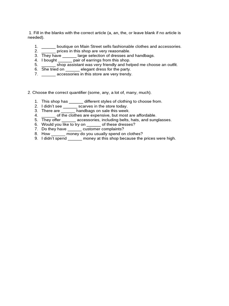 Article and Quantifier Exercises | PDF