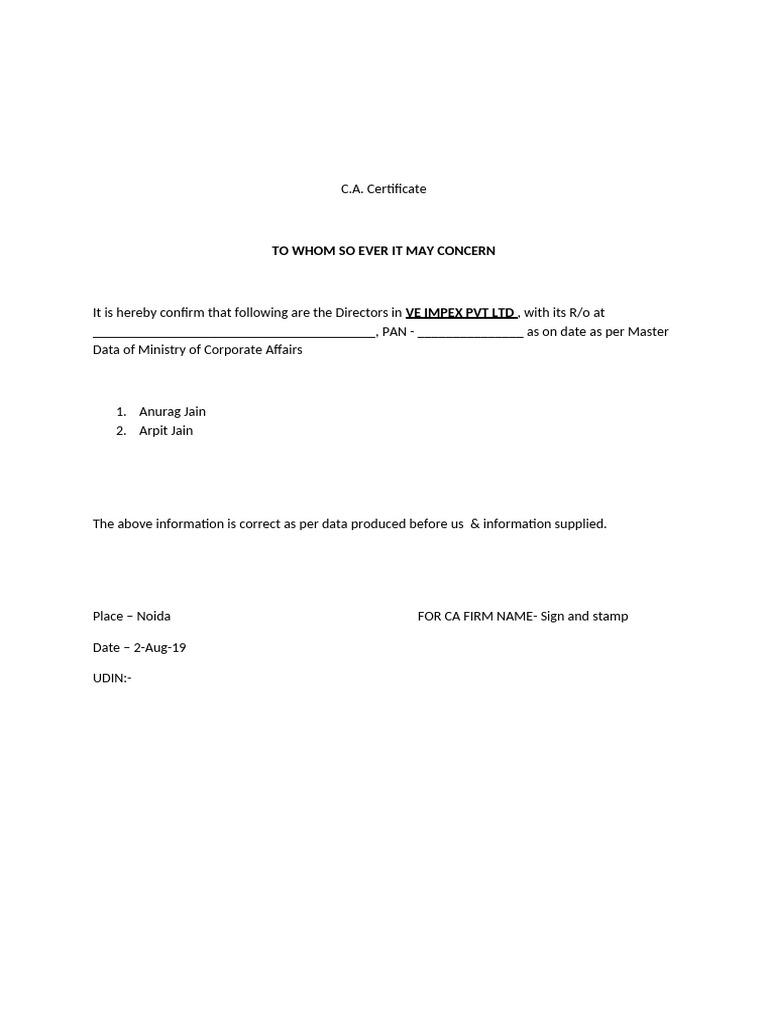 Director Certificate for VE IMPEX PVT LTD | PDF
