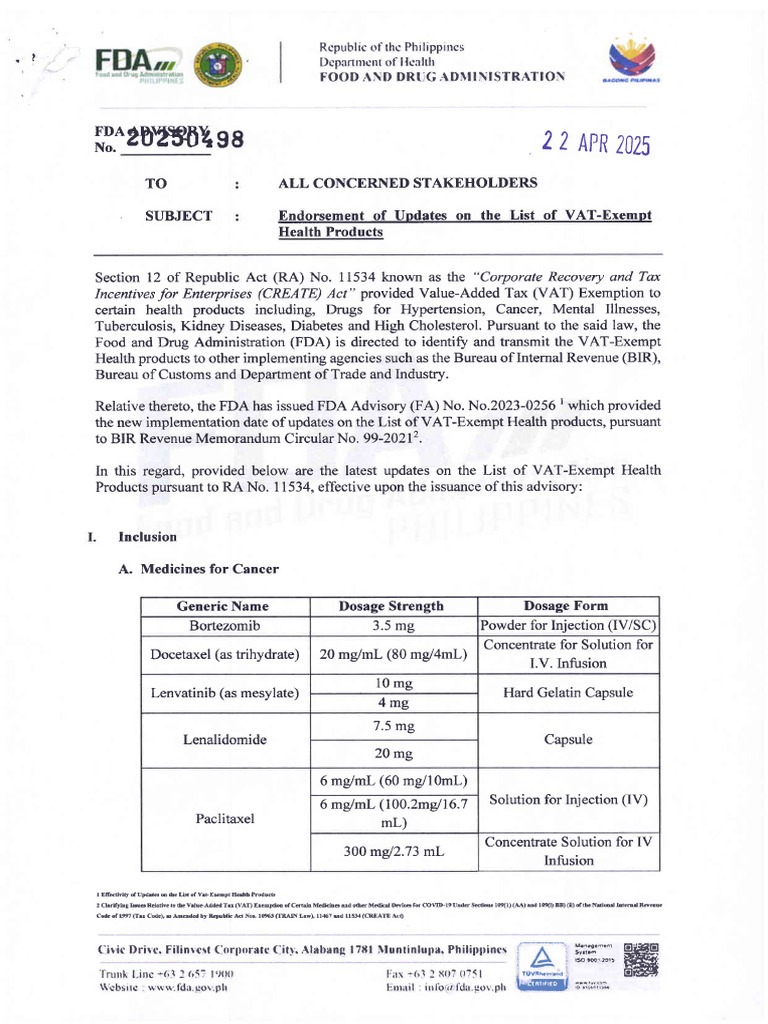 FDA Advisory No.2025 0498 | PDF