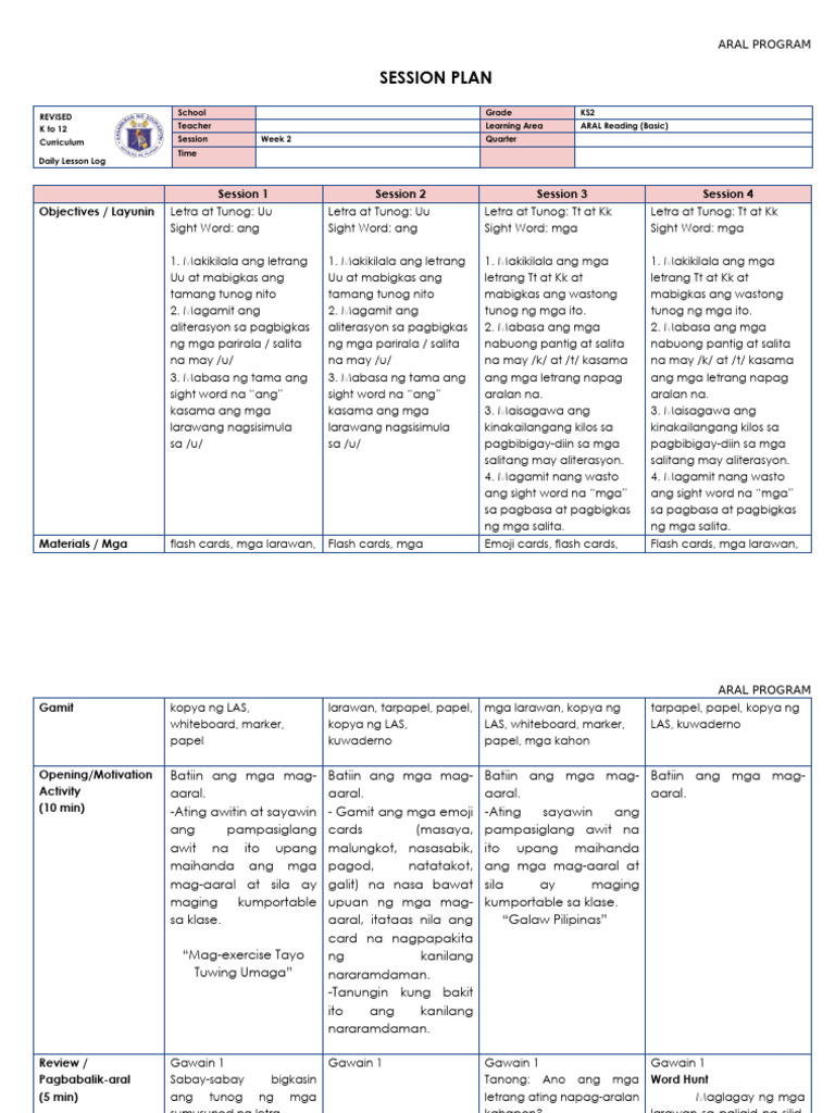 Session Plan - ARAL W2 | PDF