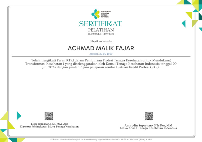 Sertifikat Pelatihan KTKI 2023 | PDF