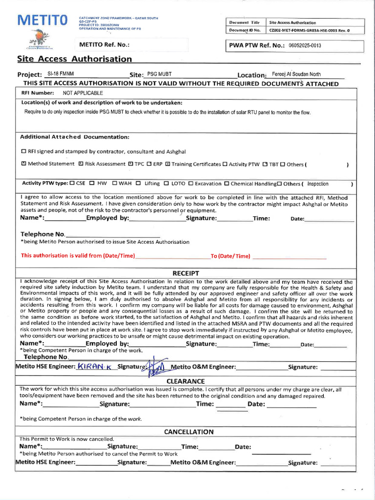 Metito Site Access Form Signed | PDF