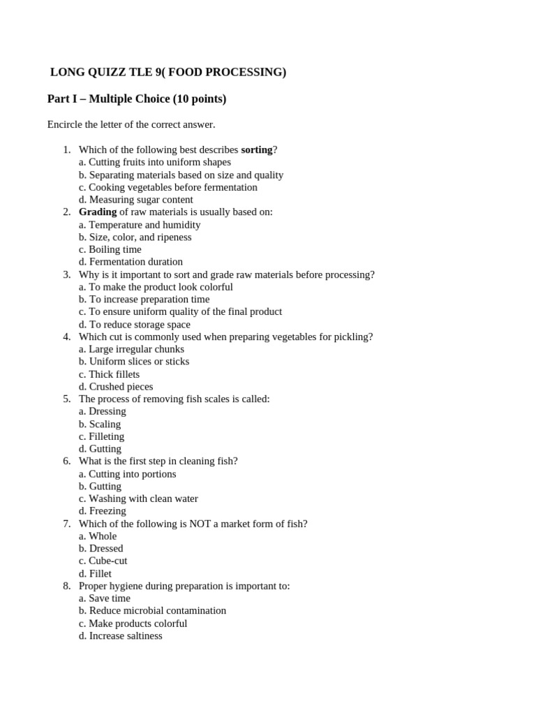 q1 Long Quizz Tle 9 Week 5 2025 | PDF | Vegetables | Food Science
