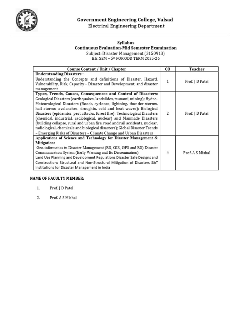 Disaster Management Syllabus B.E. SEM 5 | PDF