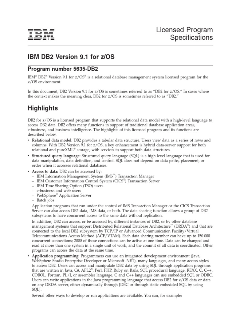 Licensed Program Specifications - c1898482 | PDF | Ibm Db2 | Databases